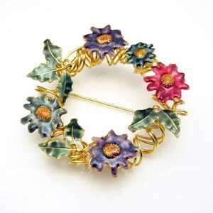 Vintage Wreath Brooch Pin Large Mid Century Colored Enamel Flowers ...