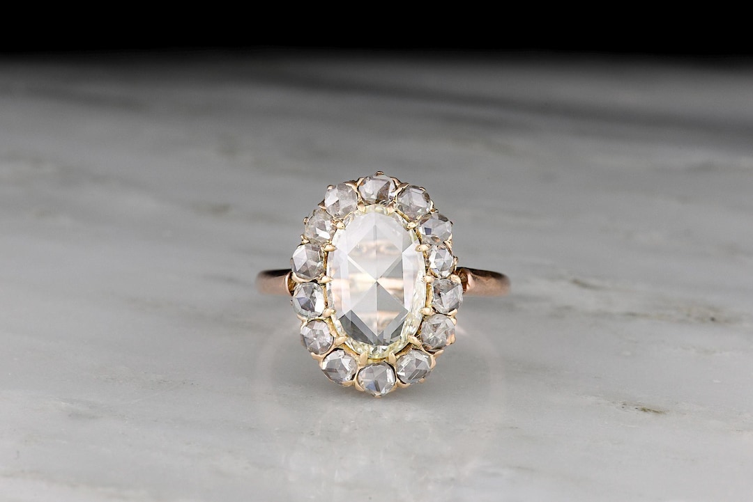 Late 1800s - Early 1900s 18K Gold Cluster Ring With a Sustainable 1.50 Ct. Oval Rose Cut Diamond ...