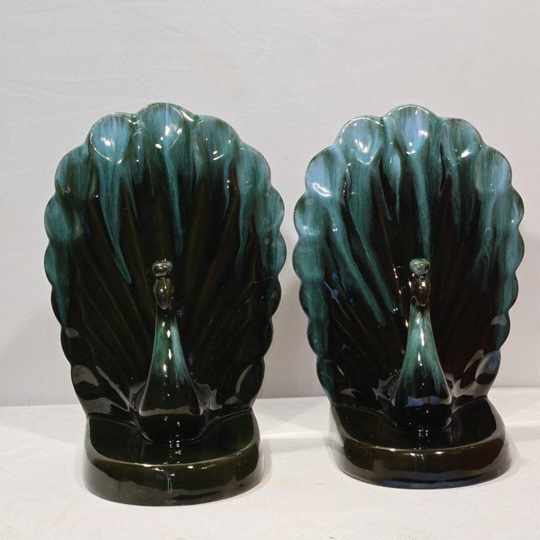 Blue Mountain Pottery Peacock Bookends Green Glaze Early 1960's Set of ...