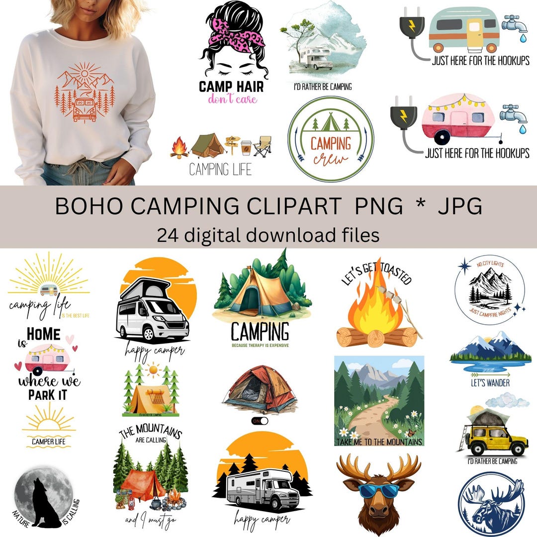 Boho Camping PNG SVG Clipart Bundle | Adventure Designs | 20 Boho ...