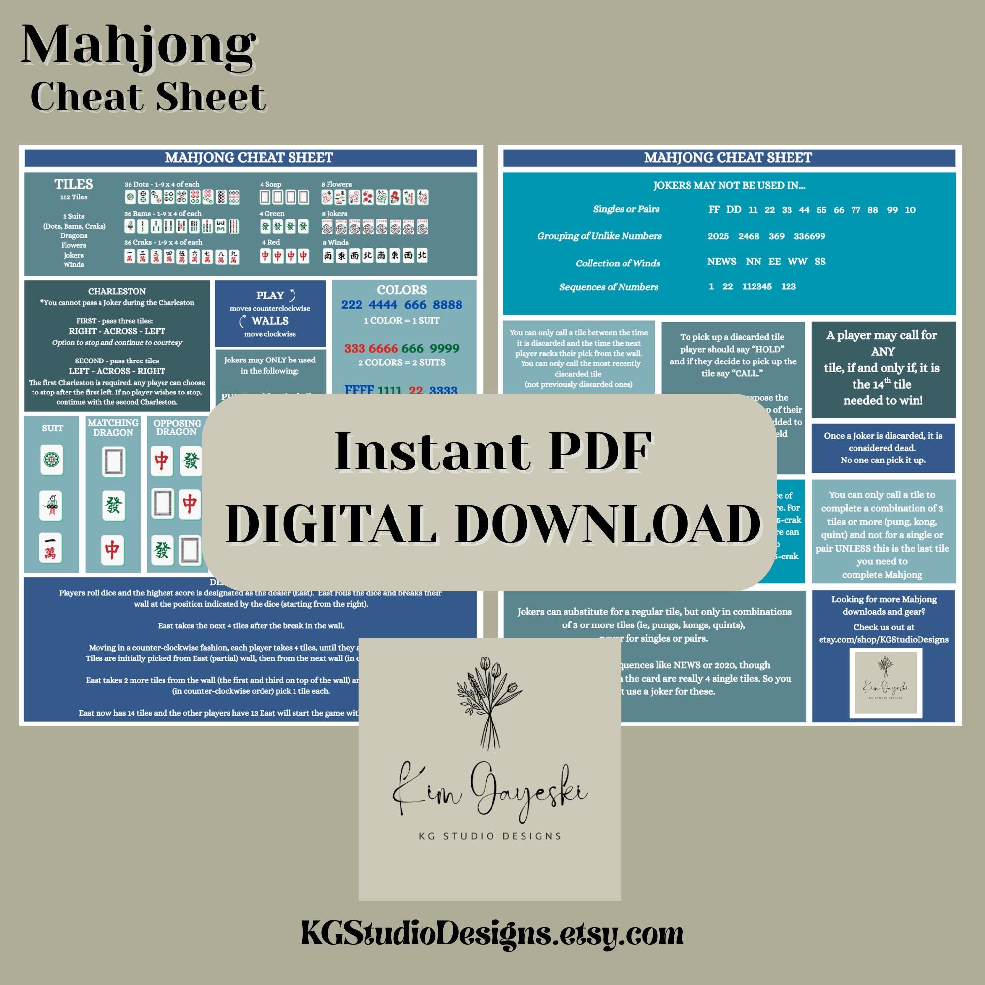 PRINTABLE Mahjong Cheat Sheet, Instant Download, Board Games, Tile Game ...