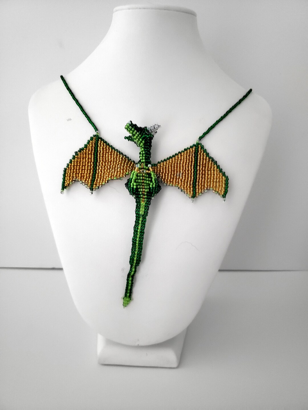 Handmade Green and Gold Glass Seed Bead Dragon Pendant Necklace ...