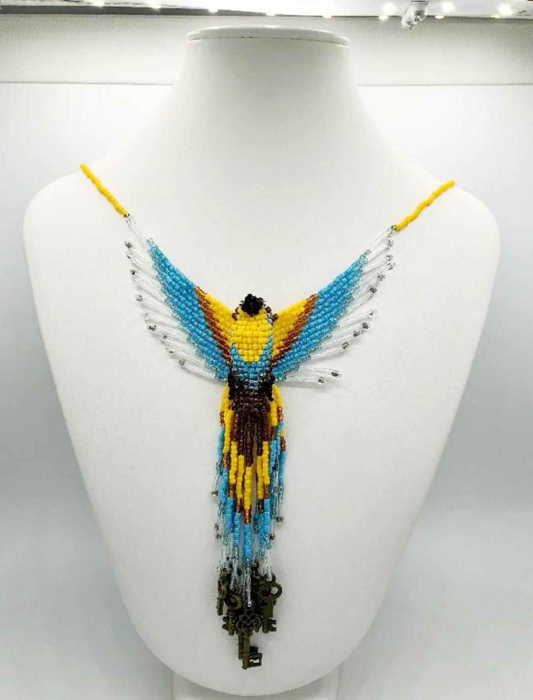Handmade Phoenix Necklace With Skeleton Keys, Blue Gold Silver Glass ...