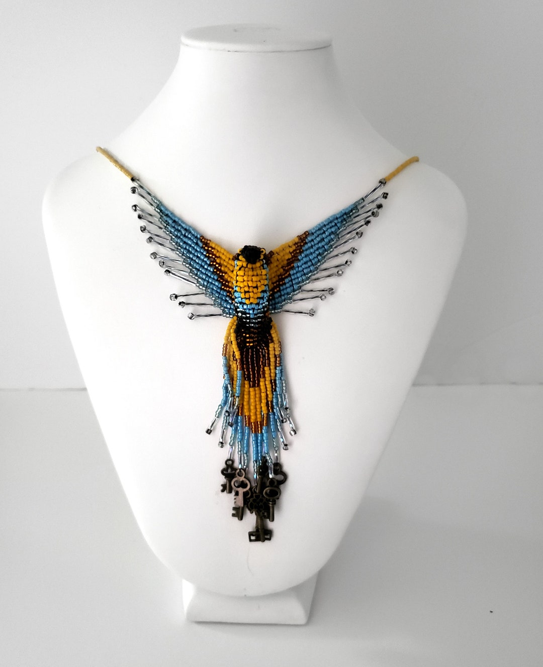 Handmade Phoenix Necklace With Skeleton Keys, Blue Gold Silver Glass ...