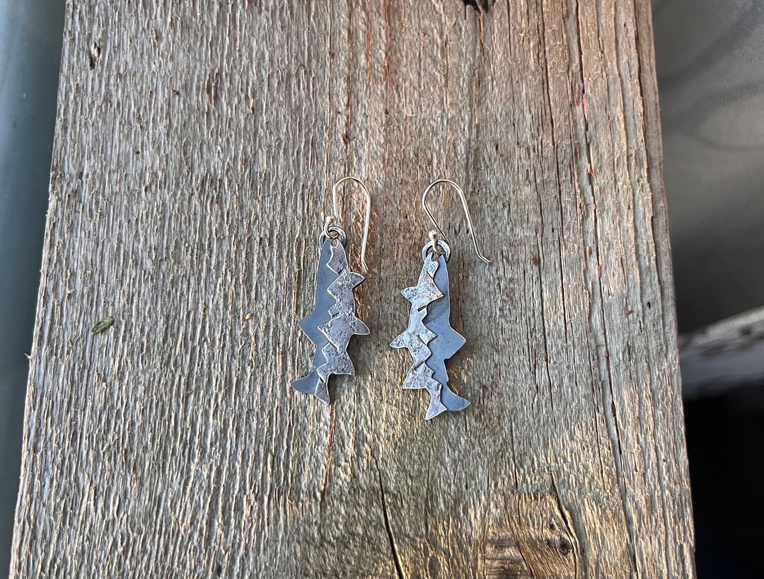 Layered Mountain Trout Salmon Salmonid Sterling Silver Dangle Earrings ...
