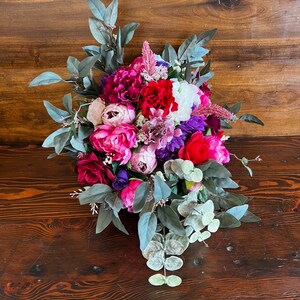 Deep Pink Purple Jewel Tone Cascading Peony Wedding Bouquet, Customized Boho Purple Red Hot Pink ...