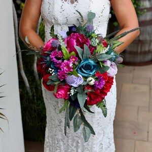 Jewel Tone Rainbow Peony Wedding Bouquets, Custom Fuchsia Purple Red Wedding Flowers, Wedding ...
