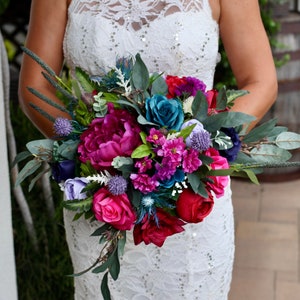 Jewel Tone Rainbow Peony Wedding Bouquets, Custom Fuchsia Purple Red Wedding Flowers, Wedding ...
