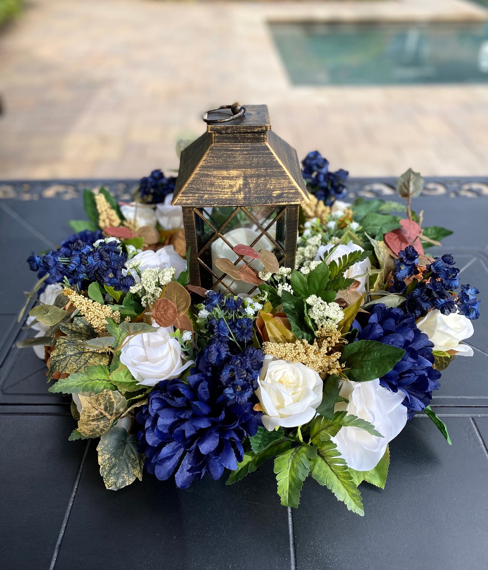 Wedding Lantern Flowers, Navy Lantern Centerpiece, Wedding Lantern ...