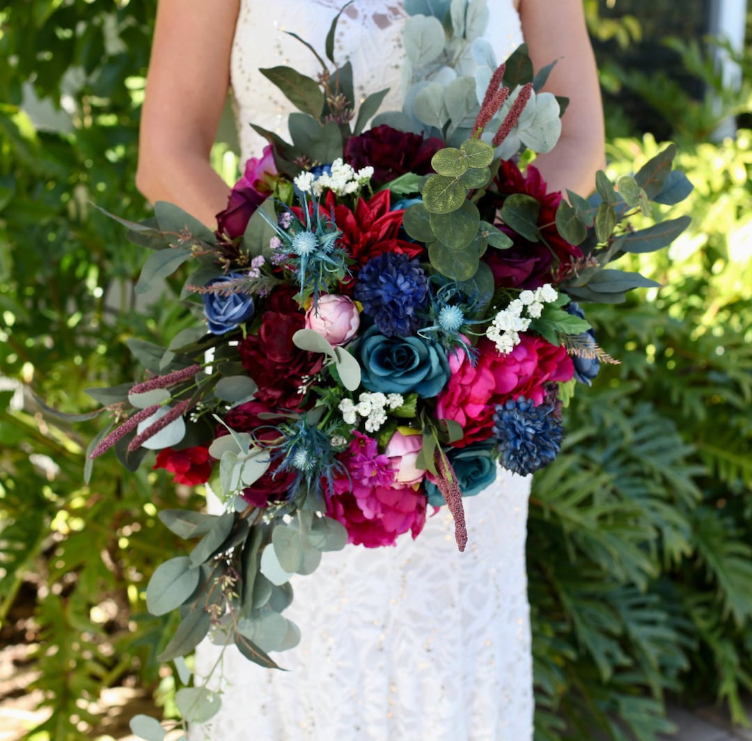 Jewel Tone Peony Wedding Bouquets, Custom Purple Red Blue Bridal Flowers, Bouts, Custom ...