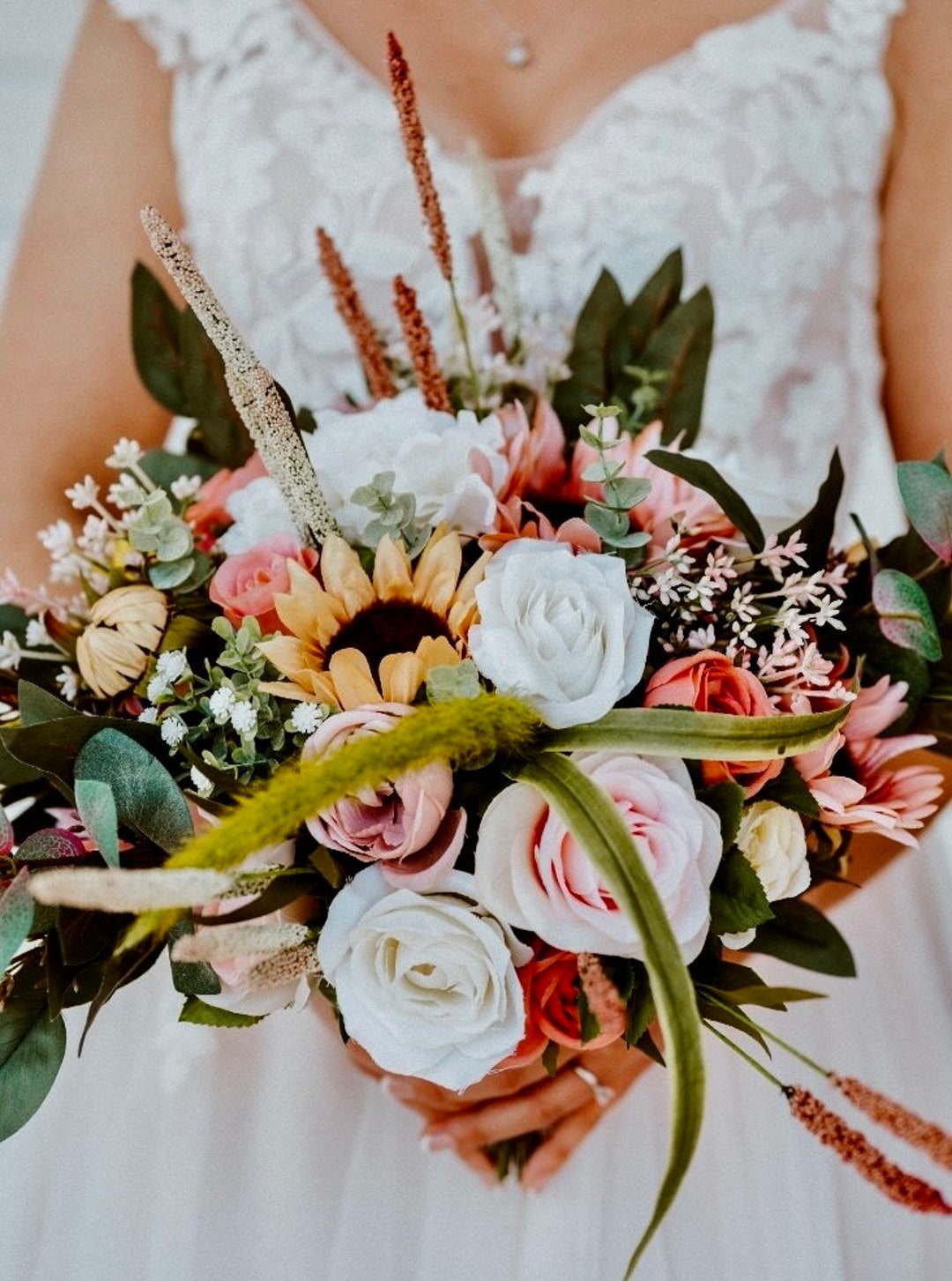Boho Pastel Sunflower Wedding Bouquets, Blush Pink Yellow Bridesmaid ...