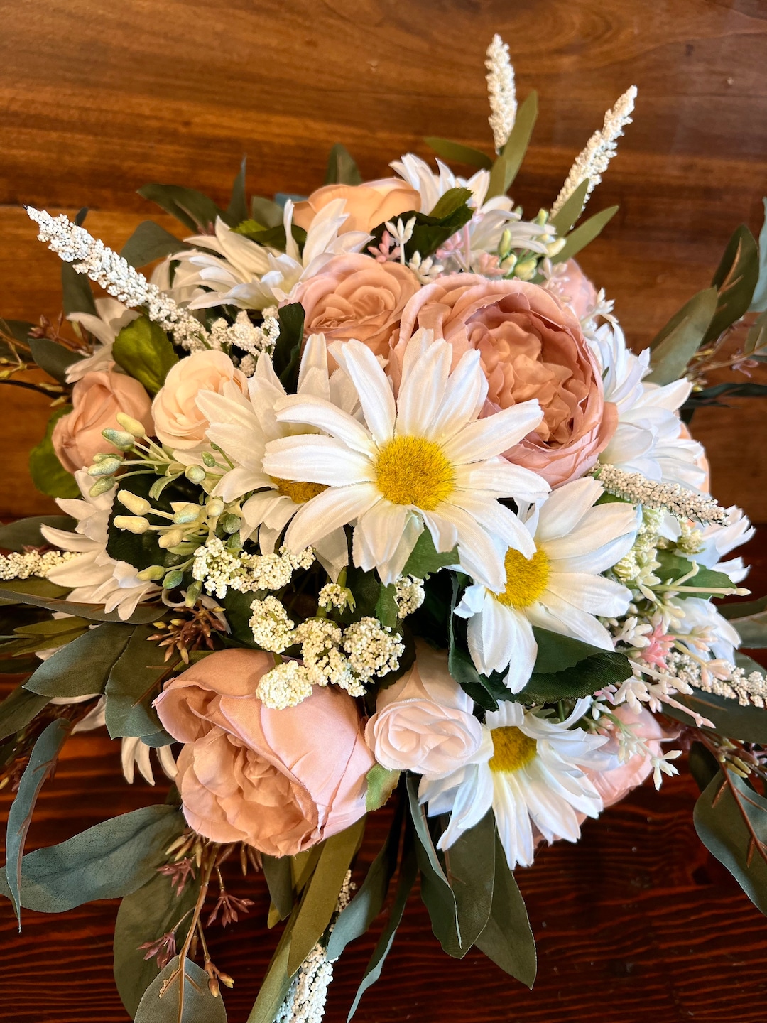 White Daisy Blush Rose Wedding Bouquets, Custom Wildflower Blush White ...