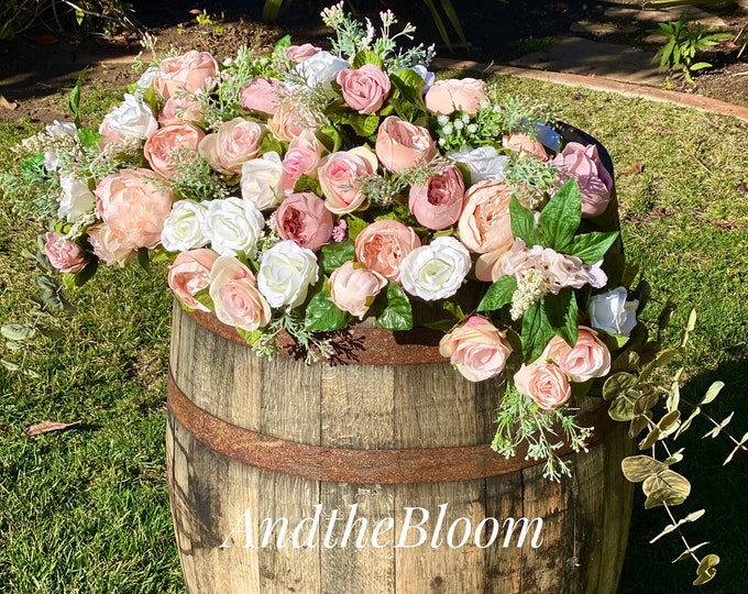 Blush Sweetheart Table Flowers, Whiskey Barrel Topper, Reception Mantle ...