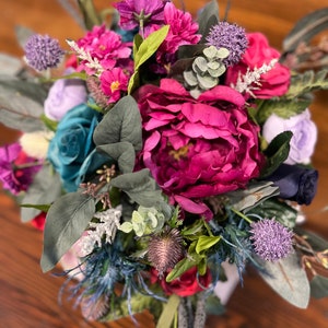 Jewel Tone Peony Wedding Bouquets, Custom Purple Teal Burgundy Bridal Flowers, Bouts, Boho ...