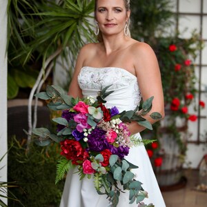 Cascading Jewel Tone Peony Wedding Bouquet, Custom Faux Purple Red Bridal Flowers, Bridesmaid ...