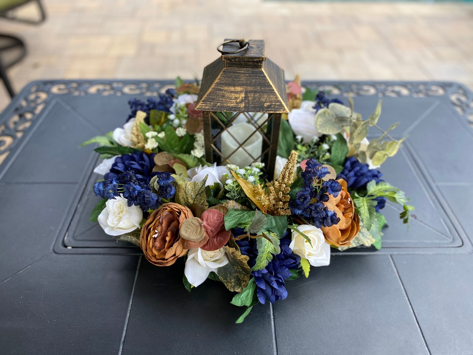Wedding Lantern Flowers, Navy Lantern Centerpiece, Wedding Lantern ...