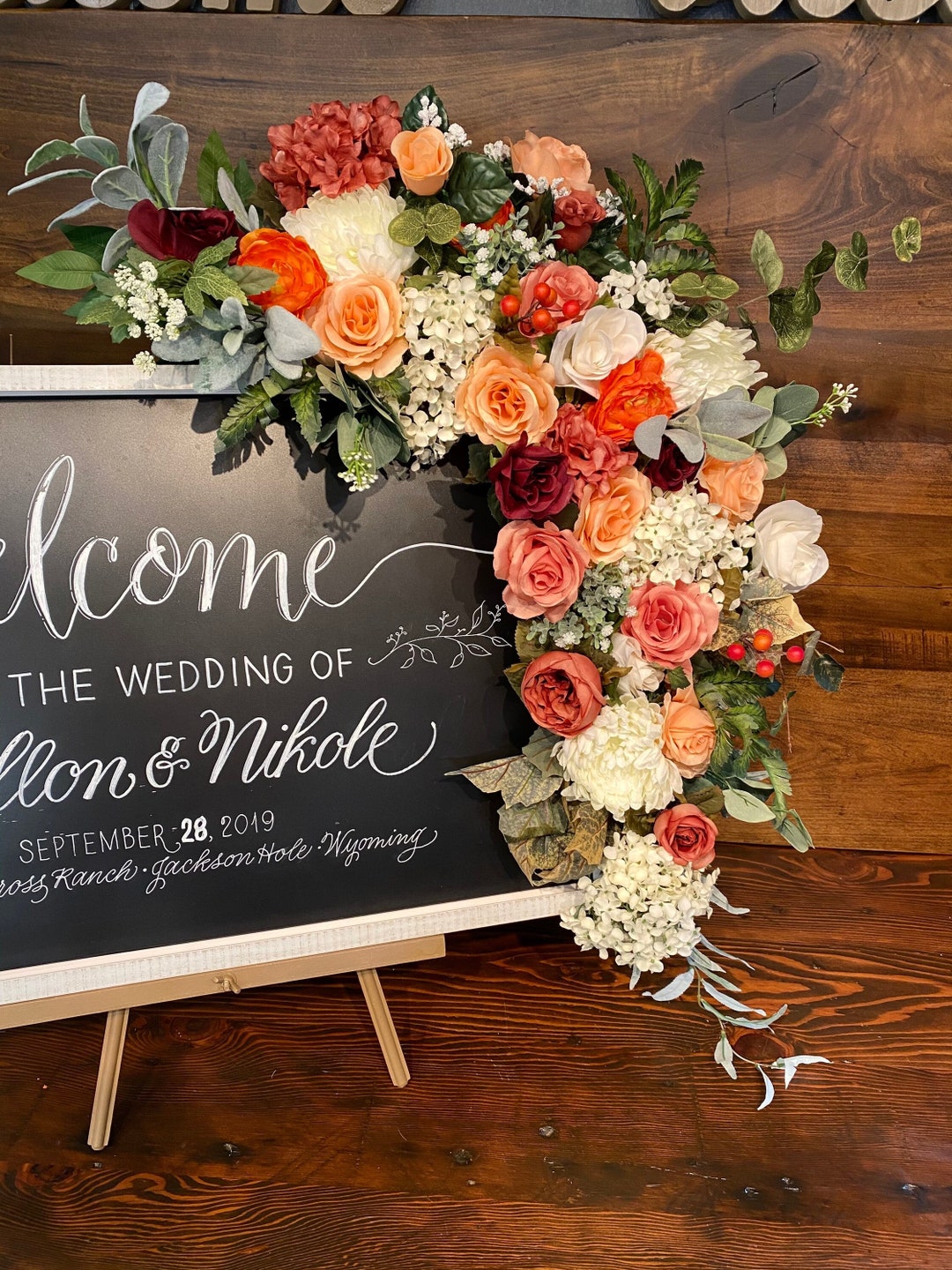 Wedding Sign Flowers, Bridal Shower Decor, Peach Burgundy Cinnamon Sign ...