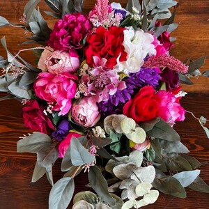 Deep Pink Purple Jewel Tone Cascading Peony Wedding Bouquet, Customized Boho Purple Red Hot Pink ...