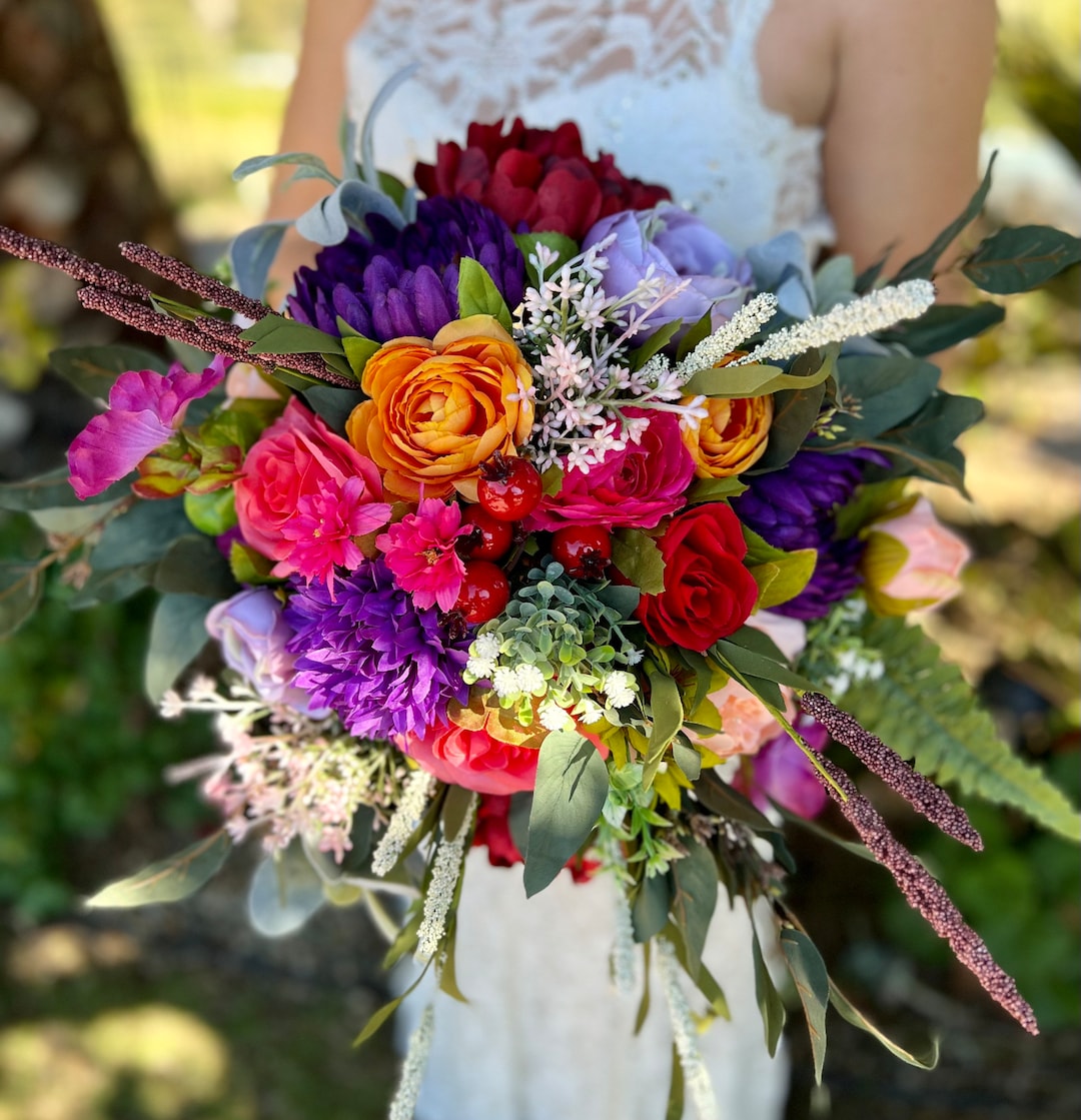 Jewel Tone Rainbow Peony Wedding Bouquets, Custom Purple Red Blue Orange Bridal Flowers, Bouts ...