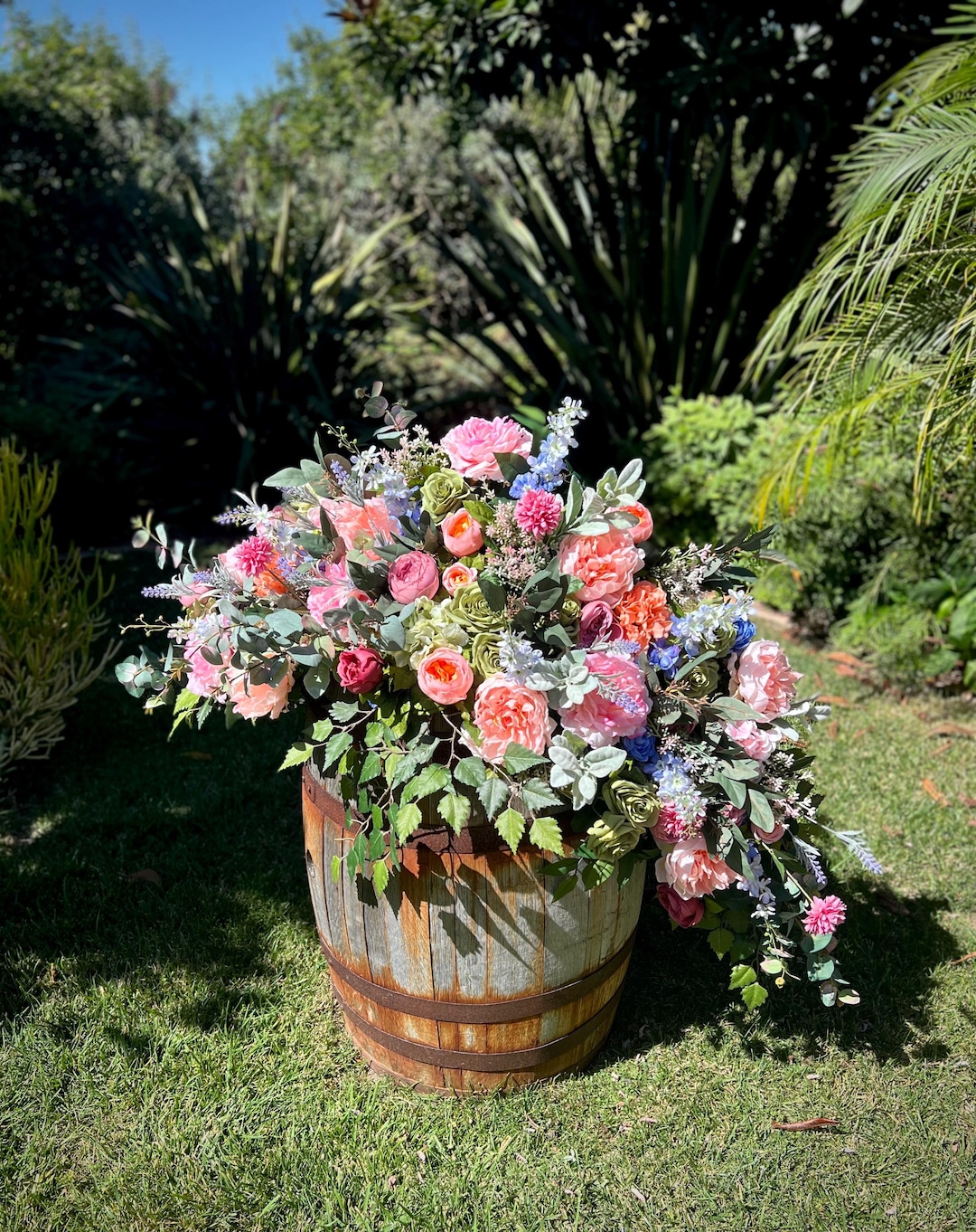 Pastel Rainbow Cascading Whiskey Barrel Flowers, Pastel Bridal Decor ...