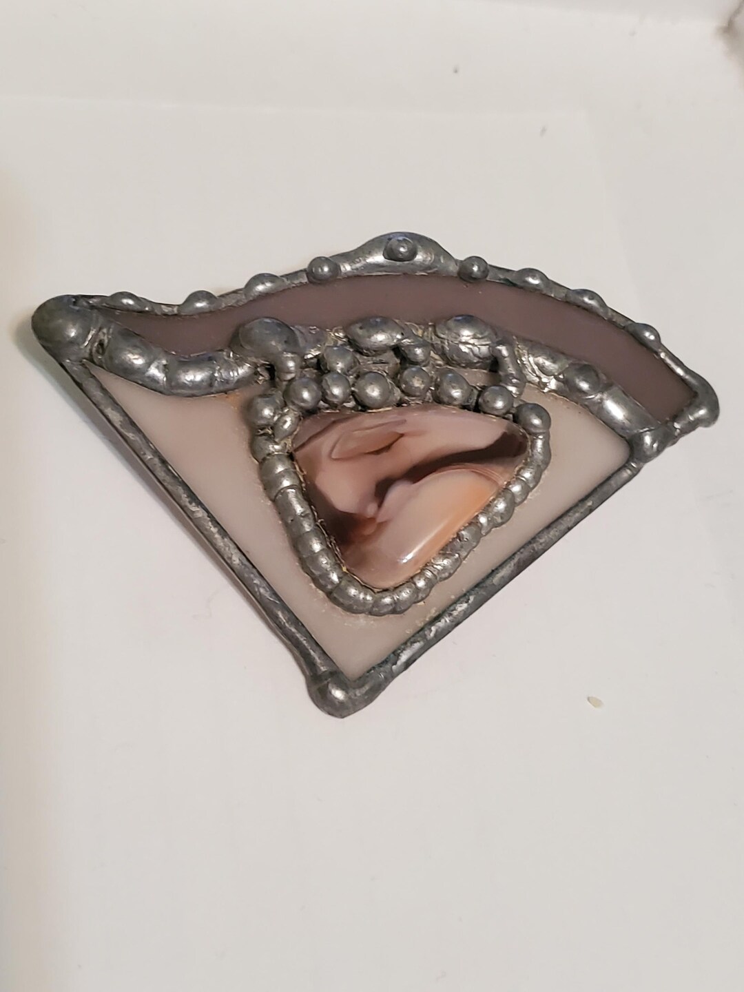 Handcrafted Pin Featuring a Triangular Pink Agate Stone . Set Within a ...