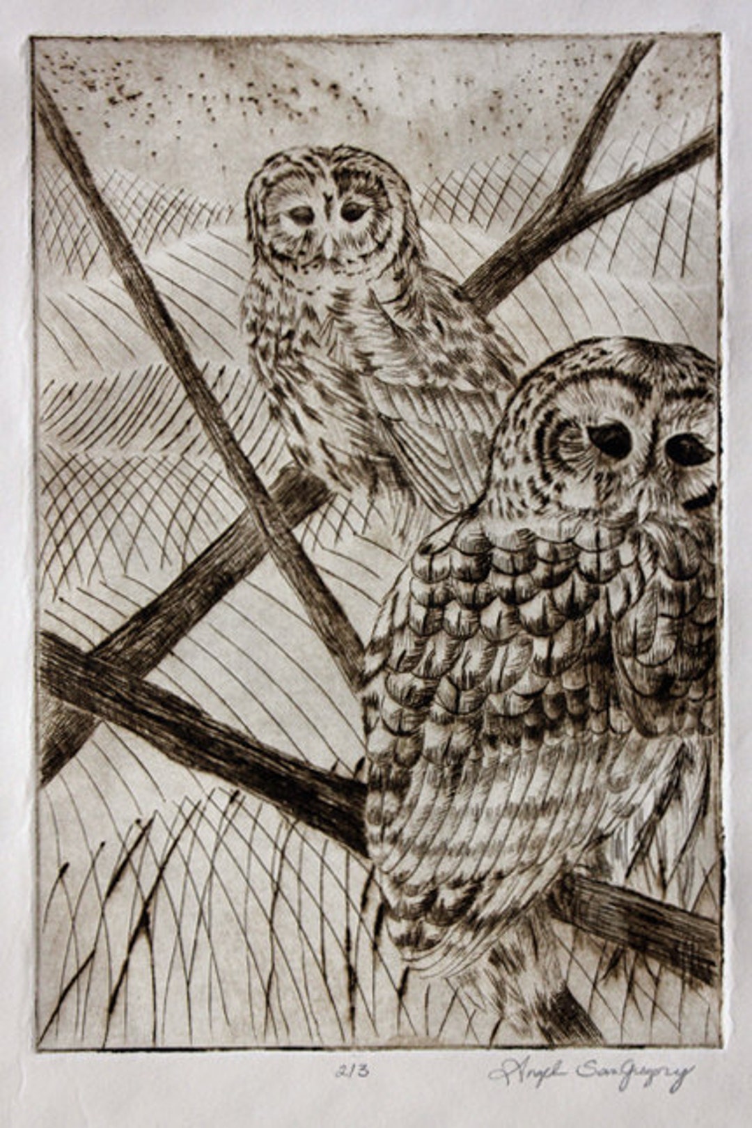 Pair of Owls Drypoint Print - Etsy
