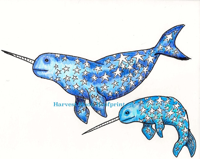 Narwhals With Stars Fine Art Print, 8x10 Whales, Nature, Whimsical ...