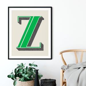 The Letter Z, Original Art Print, Typography, Alphabet, Green, Charcoal ...