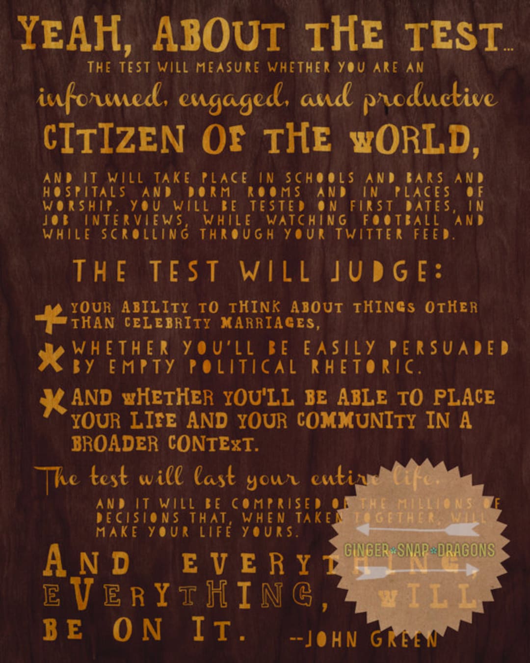 John Green "about the Test..." Printable 8X10 - Etsy