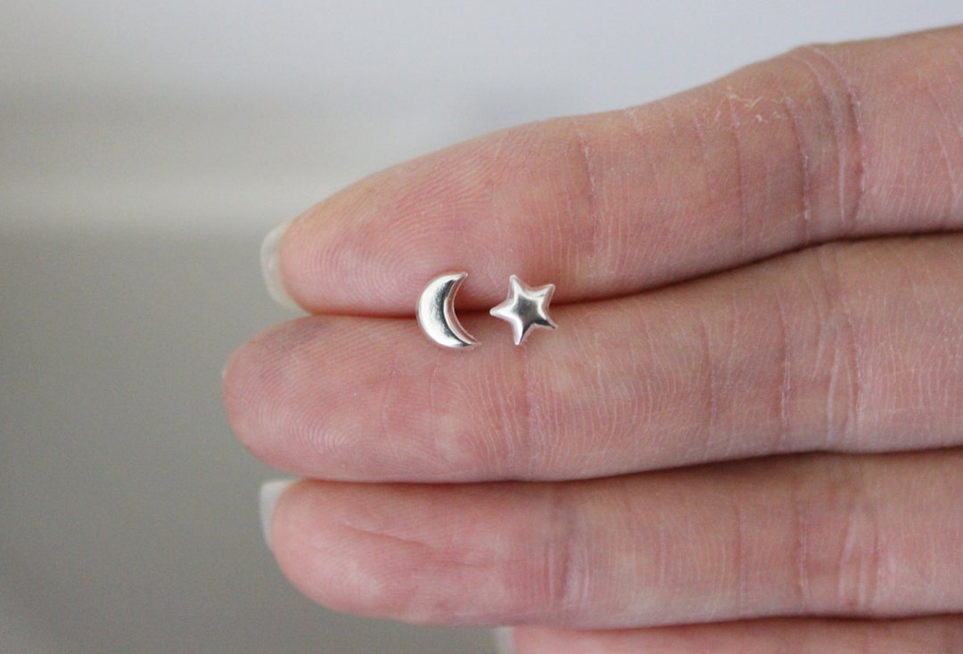 Sterling Silver Moon and Star Stud Earrings, Tiny Earrings, Crescent ...