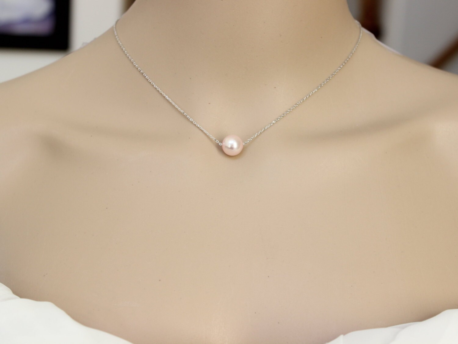 Light Pink Pearl Necklace Pink Necklace One Pearl Necklace - Etsy