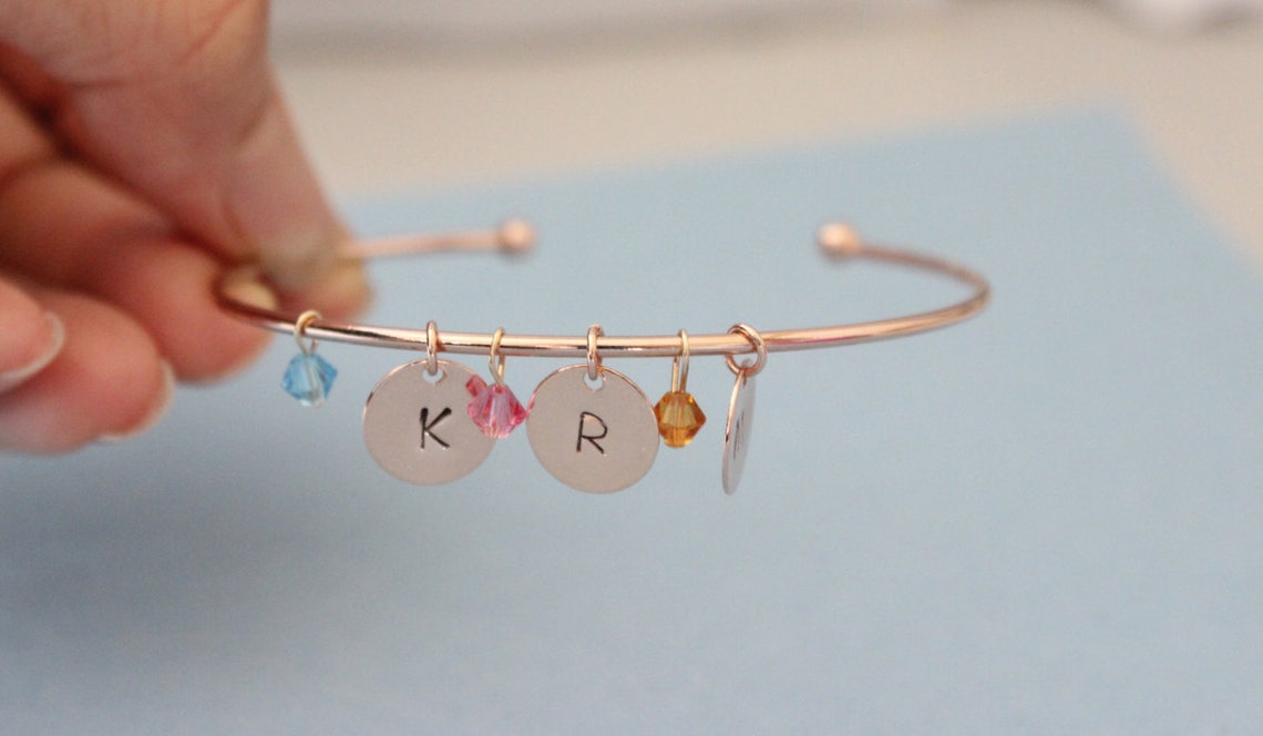 Initial Bangle, Initial Bracelet, Letter Bracelet, Initial Birthstone ...