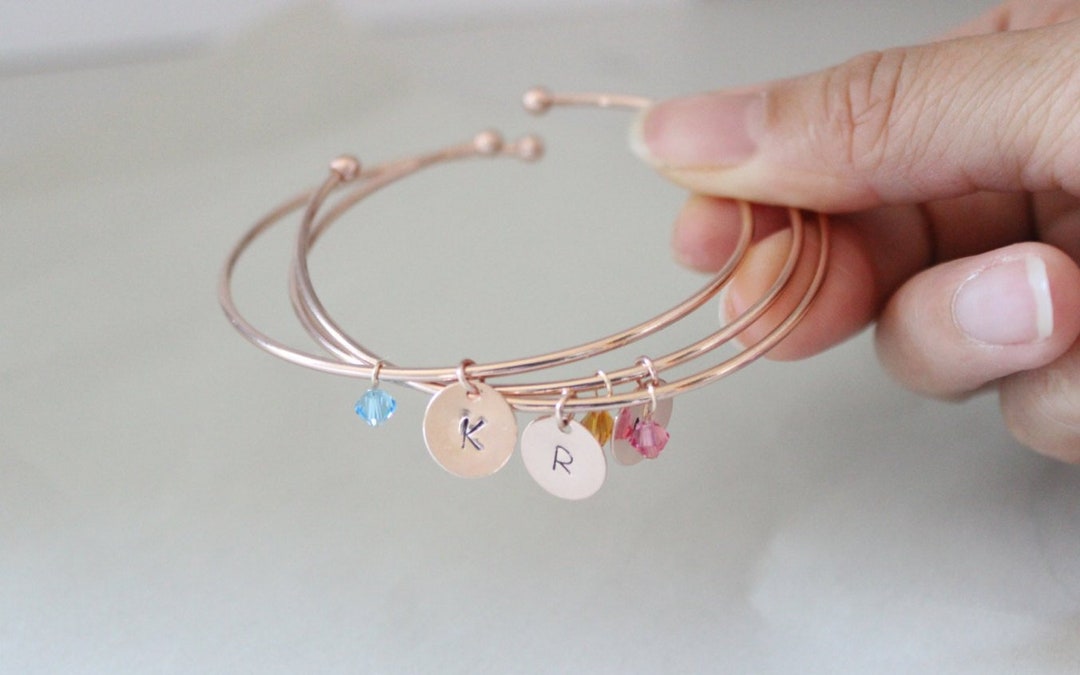 Initial Bangle, Rose Gold Initial Bracelet, Initial Birthstone ...