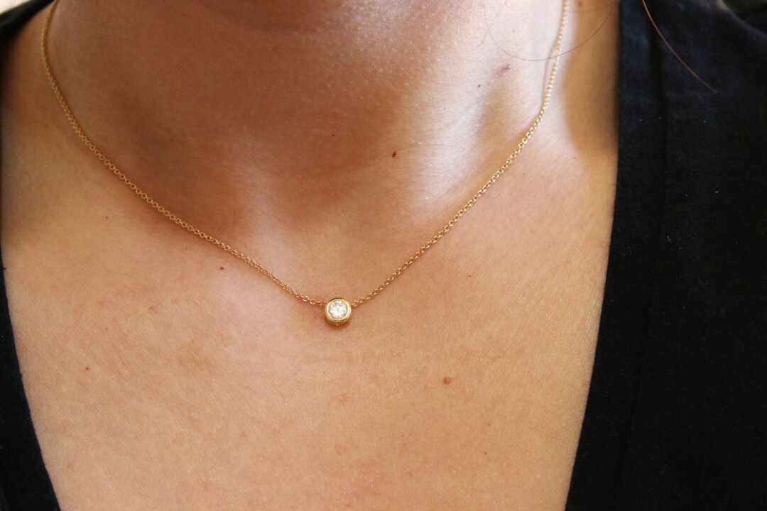 CZ Diamond Necklace, Solitaire Diamond Necklace, Tiny Diamond Necklace ...