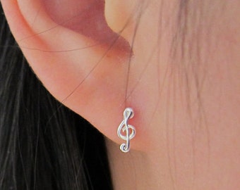 Tiny Treble Clef Sterling Silver Stud Earrings - Etsy