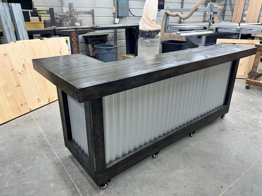 Handmade Rustic L-shape Bar: Plank-top Wood & Corrugated Metal - Etsy