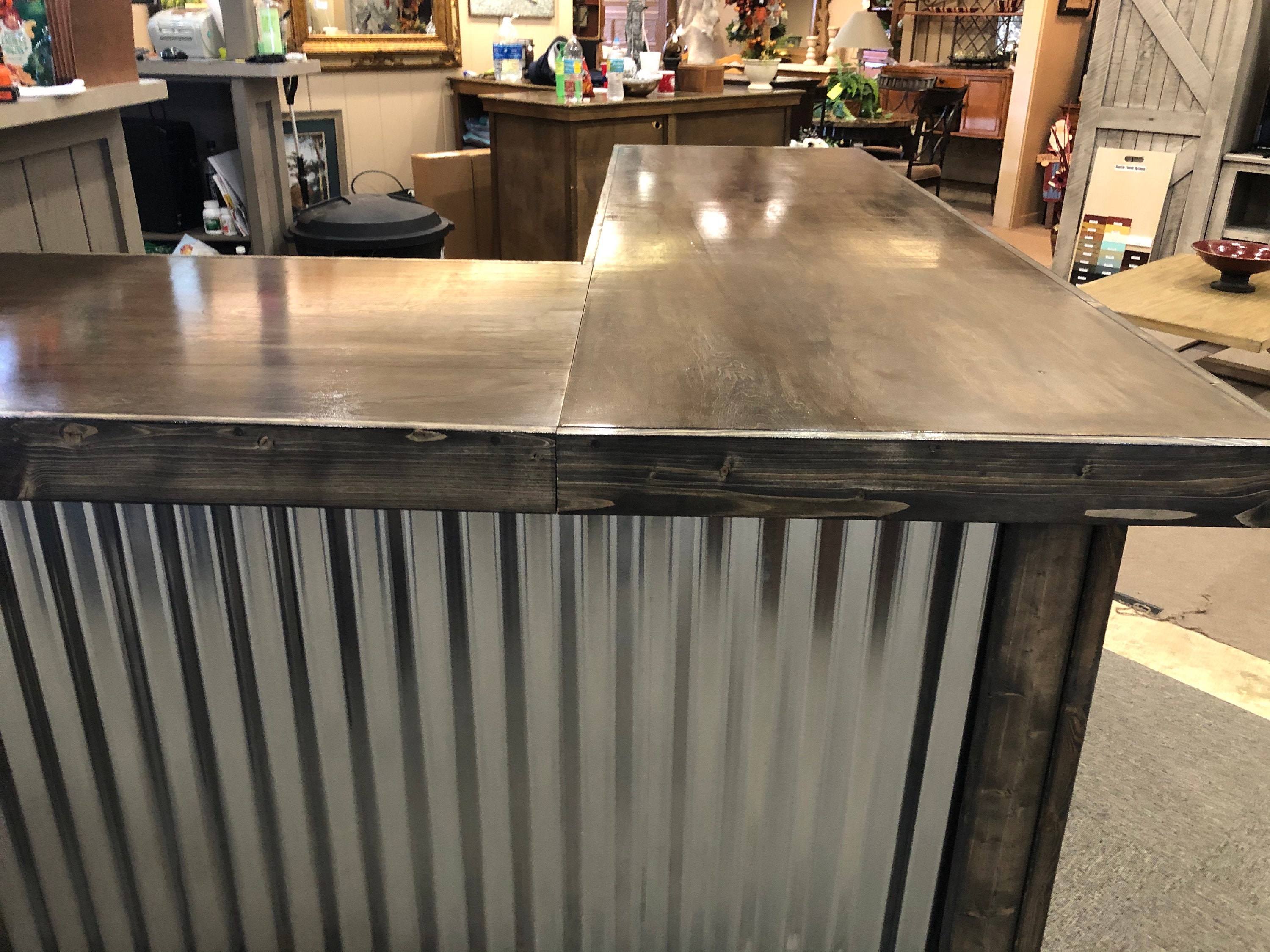 Ebony L Shaped 8' x 6' - Rustic style wood & corrugated metal indoor bar