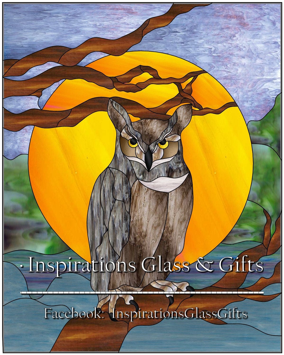 Stained Glass Pattern Horned Owl With Full Moon Etsy