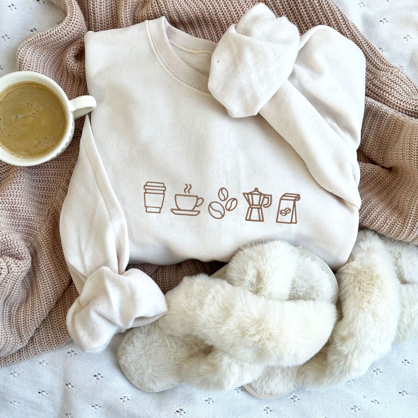 Coffee Icons Embroidered Gemma Crewneck Sweatshirt | Coffee Lover ...