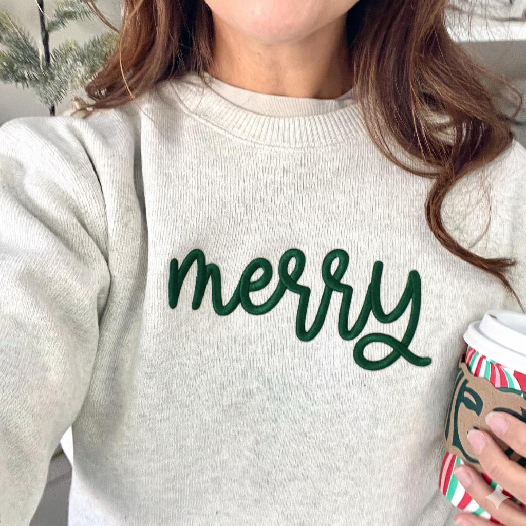 Merry 3D Puff Embroidered Cozy Knit Crewneck Sweatshirt | Winter ...