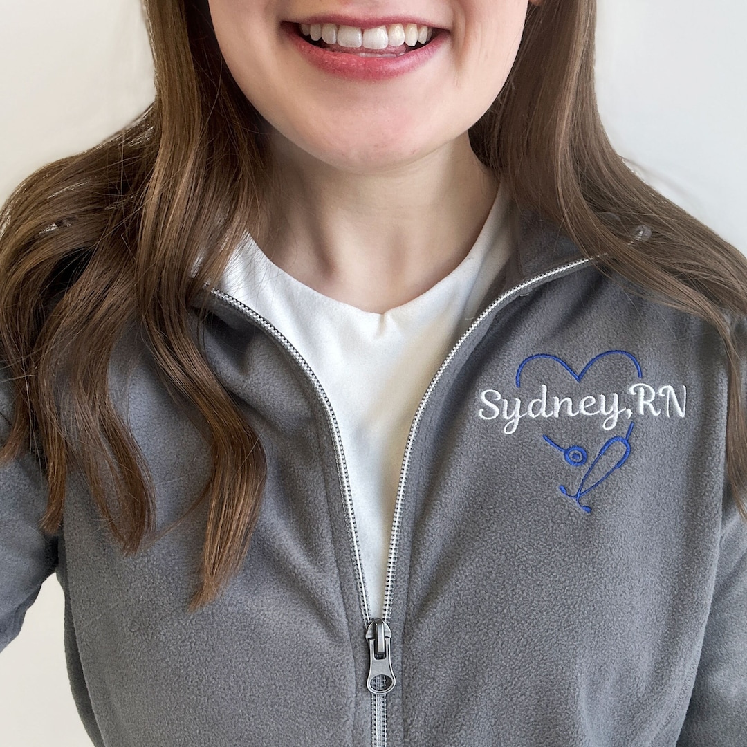 Custom Nurse Fleece Full Zip Jacket With Large Heart Stethoscope | RN ...