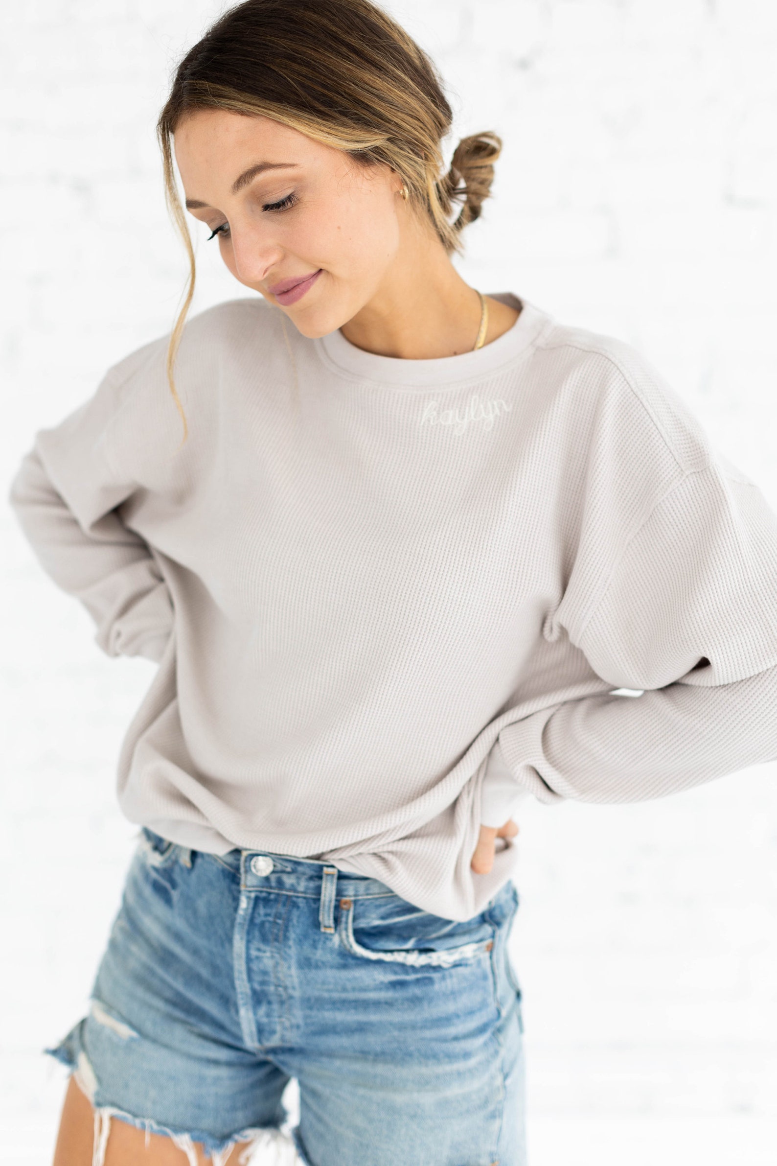 Waffle Knit Neckline Crewneck | Personalized Neckline Embroidery ...