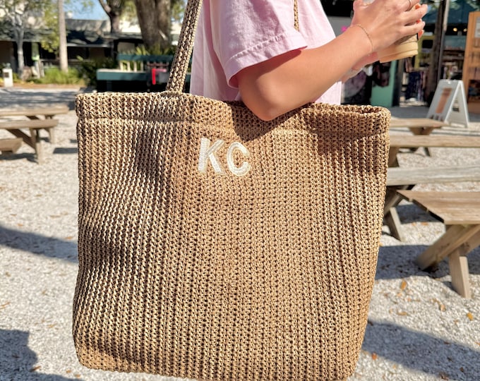 Embroidered Shadow Block Initial Crochet Tote Bag | Bridesmaids Gift ...
