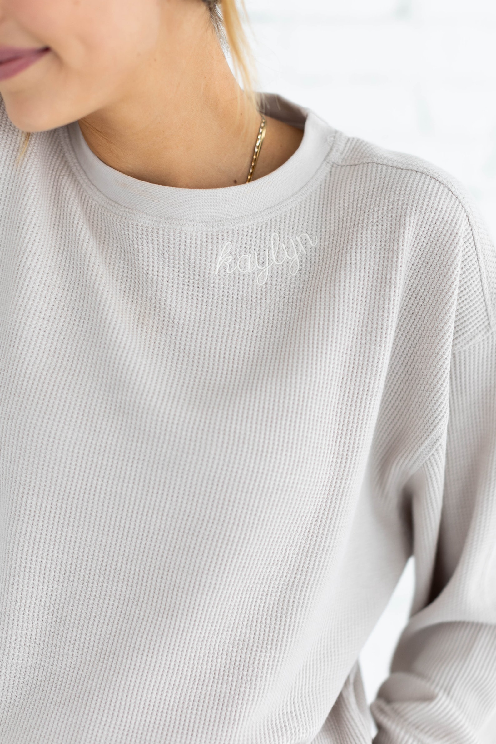 Waffle Knit Neckline Crewneck | Personalized Neckline Embroidery ...