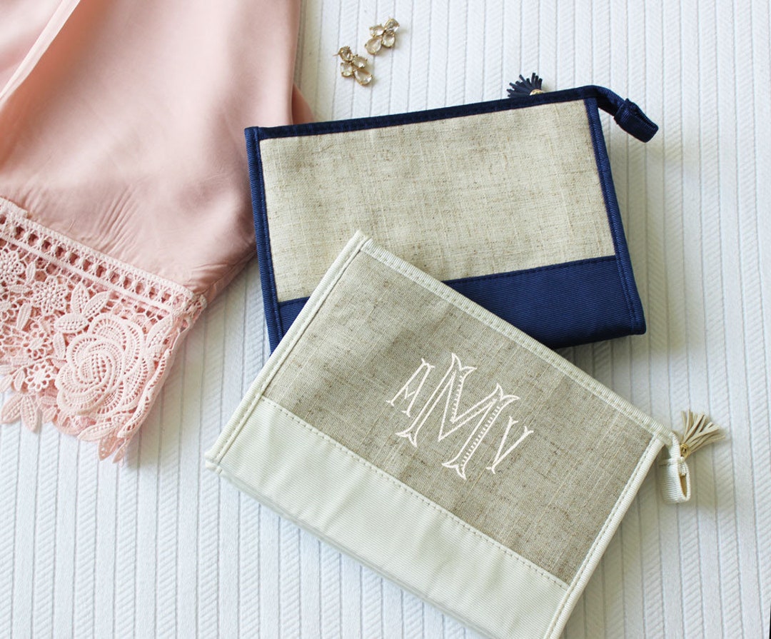Monogrammed Linen Cosmetic Pouch | Personalized Zippered Pouch | Four ...