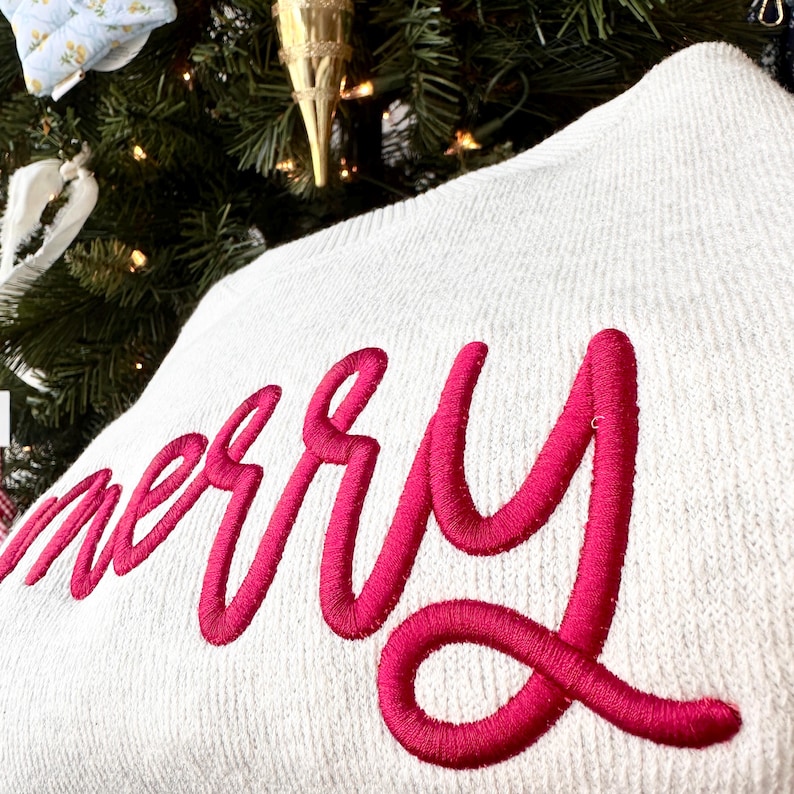 Merry 3D Puff Embroidered Cozy Knit Crewneck Sweatshirt | Winter ...