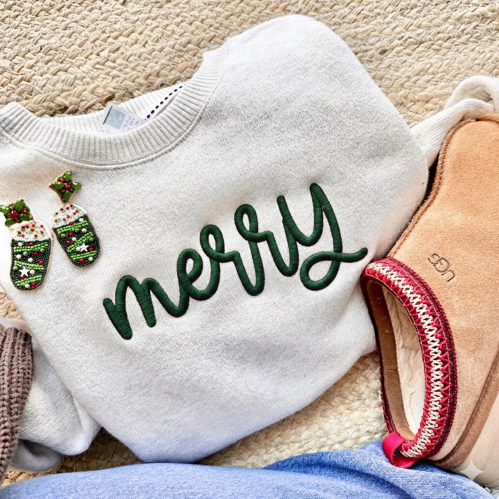Merry 3D Puff Embroidered Cozy Knit Crewneck Sweatshirt | Winter ...