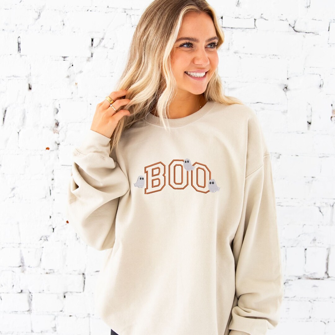 Customizable Boo With Embroidered Ghost Gemma Crewneck Sweatshirt ...