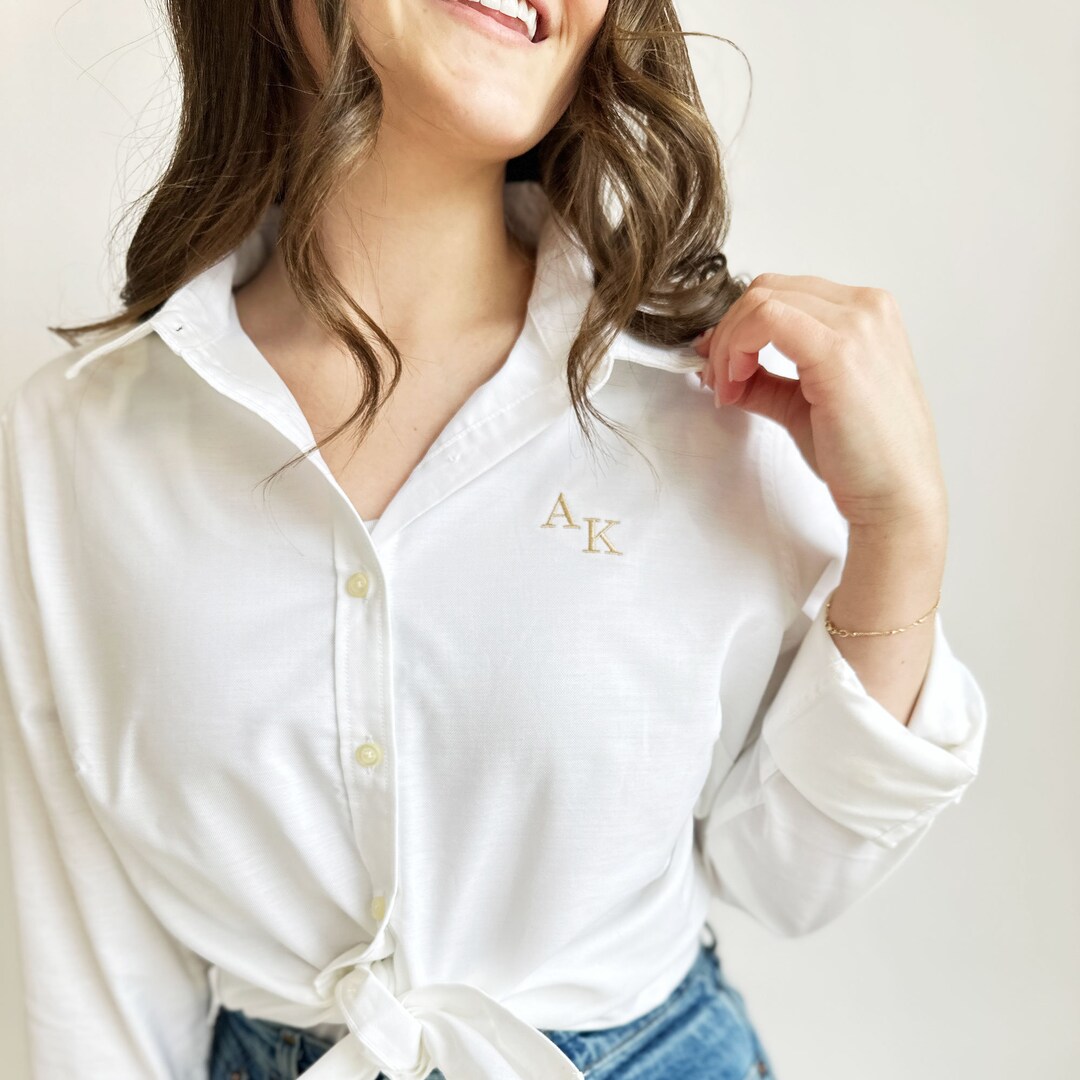Mini Monogram Ladies Oxford Button Down | Ladies Monogrammed Woven Shirt | Minimal Button Down ...
