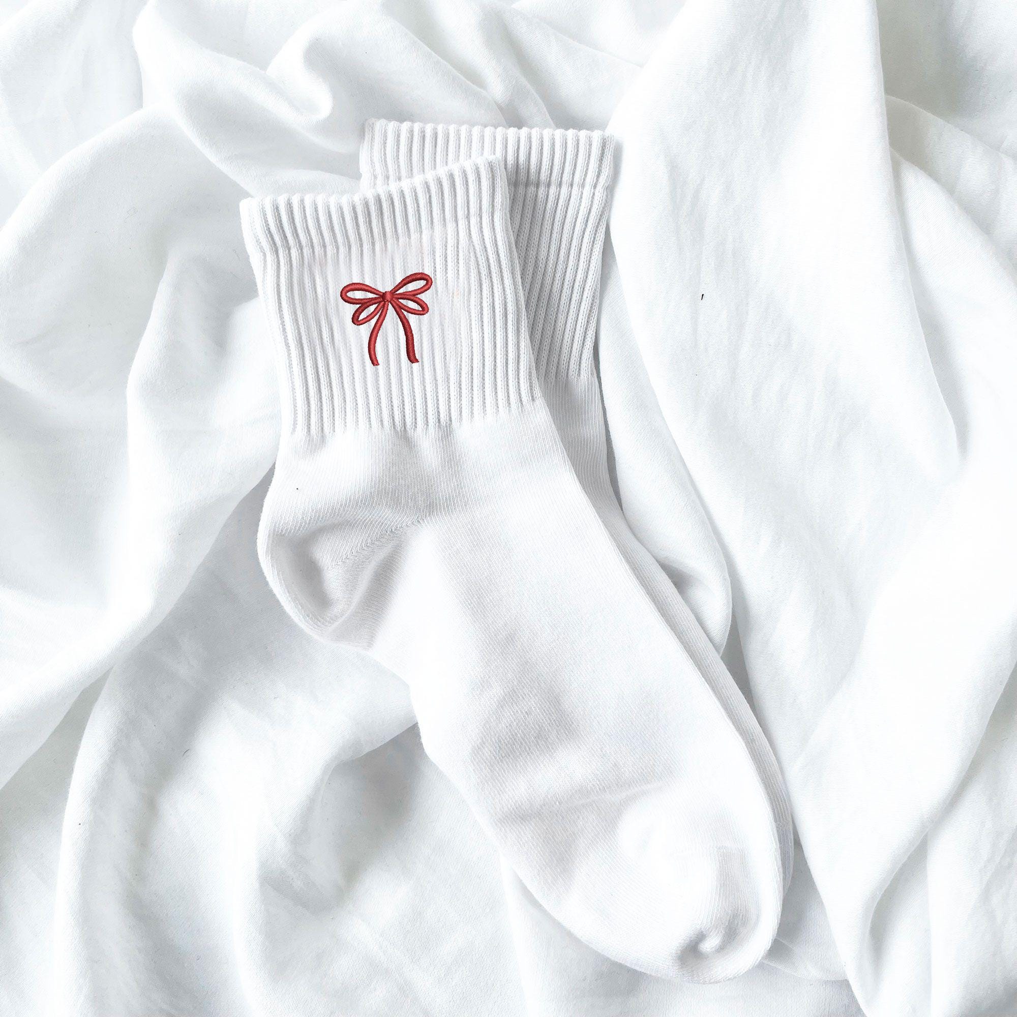 Coquette Double Loop Bow Embroidered Crew Socks | Gift for Her ...